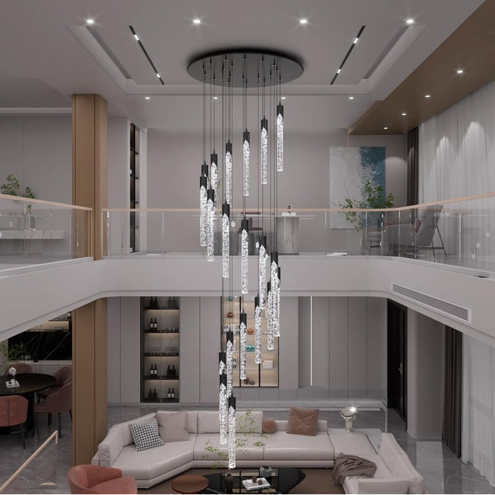 Orren Ellis Desdemona 11ft 20-Lights Black Staircase Chandelier Crystal Bubble Column Pendant ...